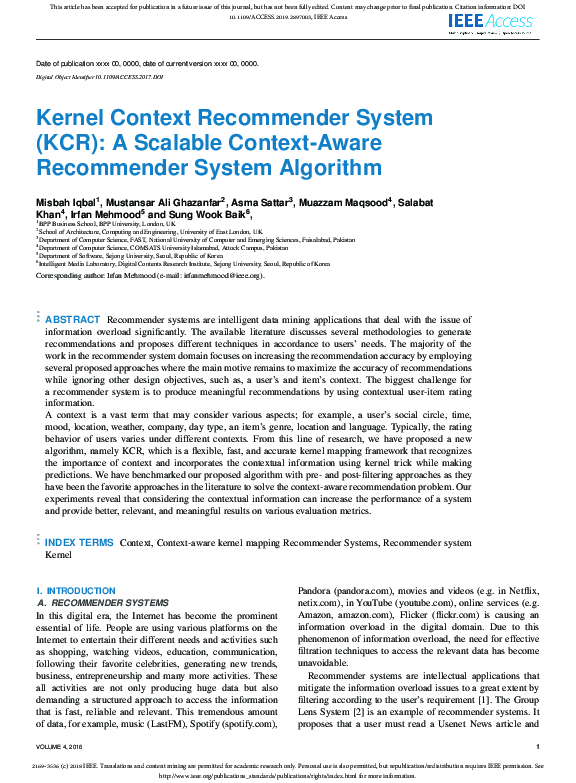 (PDF) KCR: A Context-Aware Recommender System Algorithm (PDF) KCR: A Context-Aware Recommender System Algorithm