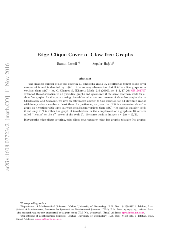 (PDF) Edge clique cover of claw-free graphs