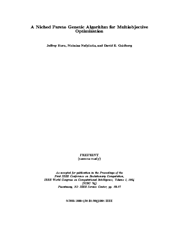 Pdf A Niched Pareto Genetic Algorithm For Multiobjective Optimization
