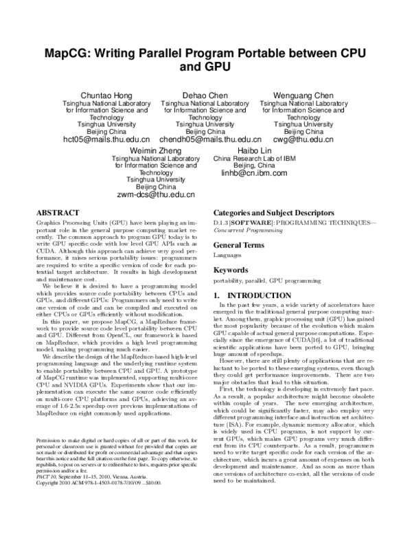 (PDF) MapCG: writing parallel program portable between CPU and GPU