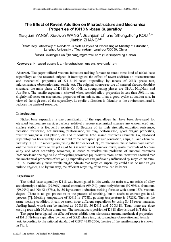 (PDF) Effect of revert addition on microstructure and mechanical properties of M951 Ni-base ...