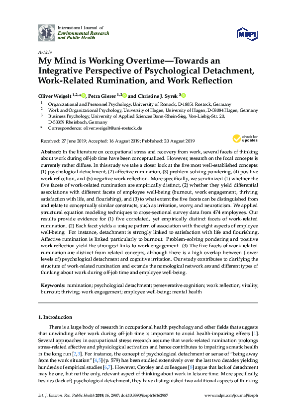 (PDF) My Mind is Working Overtime Towards an Integrative Perspective of Psychological Detachment ...