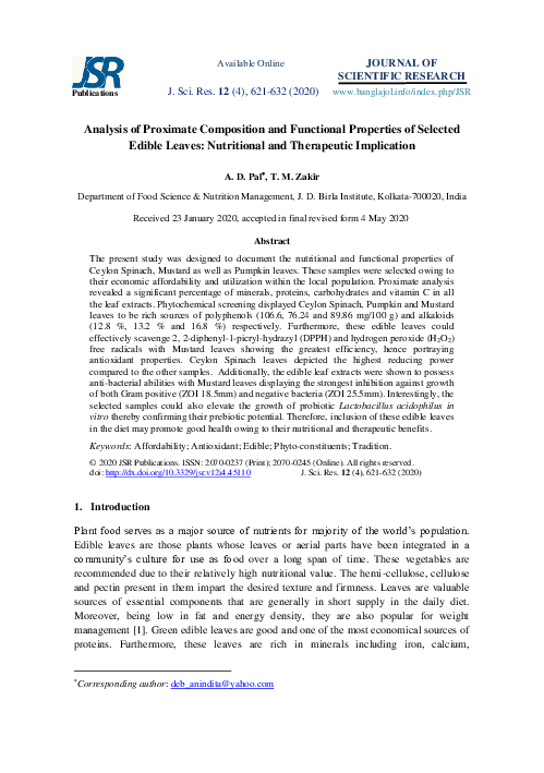 (PDF) Analysis of Proximate Composition and Functional Properties of Selected Edible Leaves ...