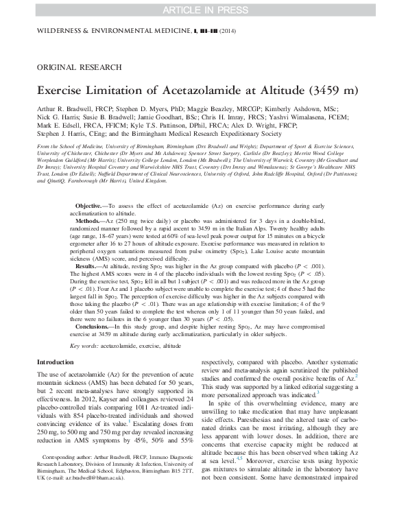 (PDF) Exercise Limitation of Acetazolamide at Altitude (3459 m) | Chris ...