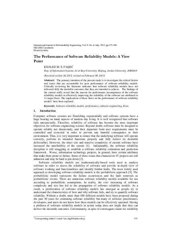 (PDF) The Performance of Software Reliability Models: A View Point