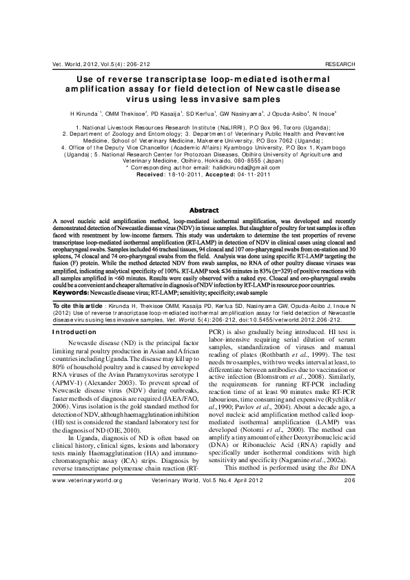 Pdf Use Of Reverse Transcriptase Loop Mediated Isothermal