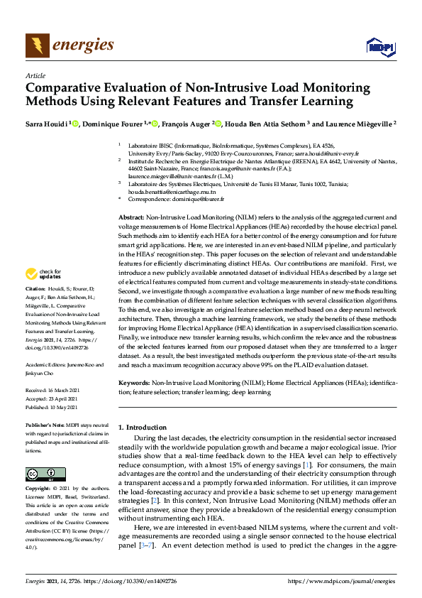 Pdf Comparative Evaluation Of Non Intrusive Load Monitoring Methods Using Relevant Features