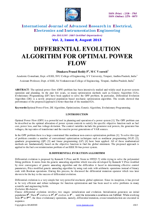 (PDF) Differential Evolution Algorithm for Optimal Power Flow