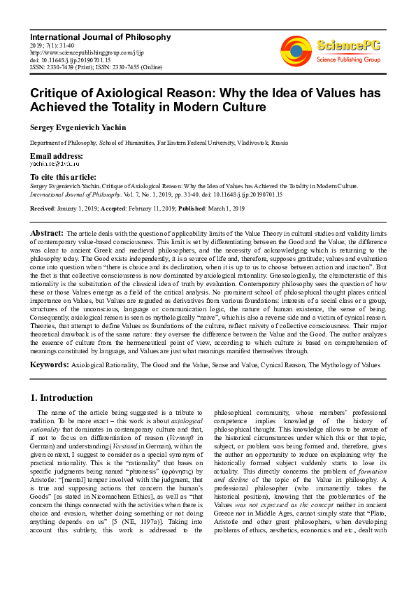 (PDF) Critique of Axiological Reason: Why the Idea of Values has ...