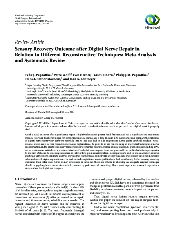 (PDF) Sensory Recovery Outcome after Digital Nerve Repair in