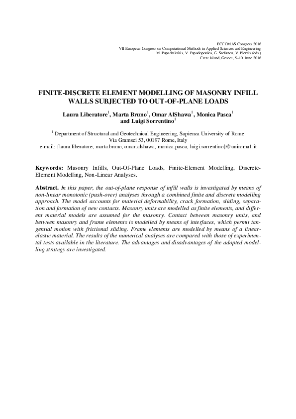 Pdf Finite Discrete Element Modelling Of Masonry Infill Walls Subjected To Out Of Plane Loads