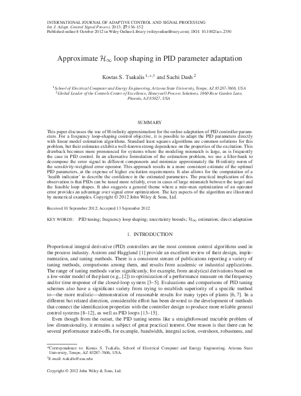 Pdf Approximate H∞ Loop Shaping In Pid Parameter Adaptation