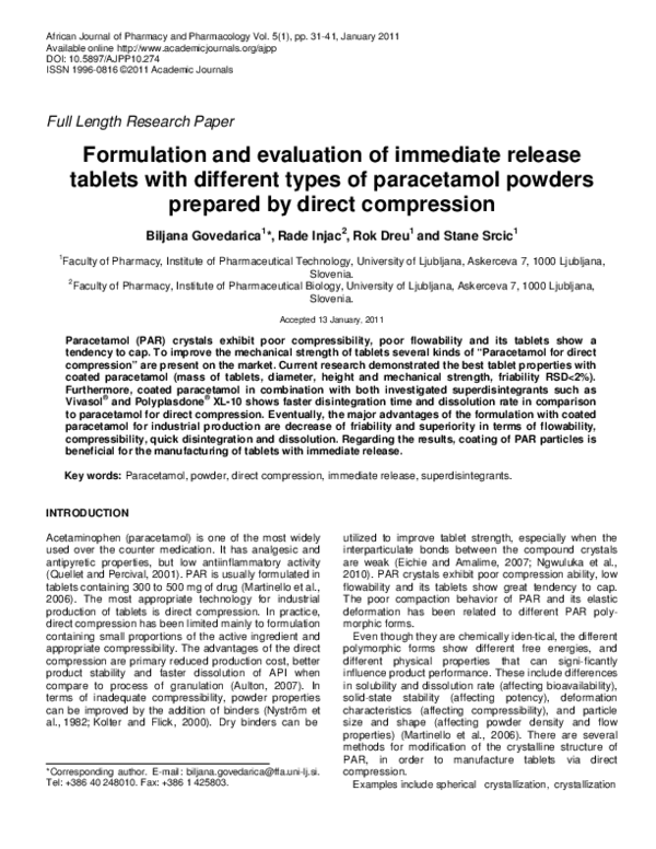 Pdf Formulation And Evaluation Of Immediate Release Tablets With Different Types Of