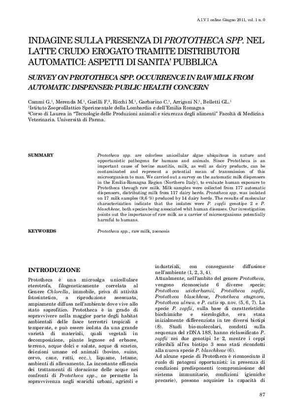 (PDF) Survey on Prototheca Spp. Occurrence in Raw Milk from Automatic ...