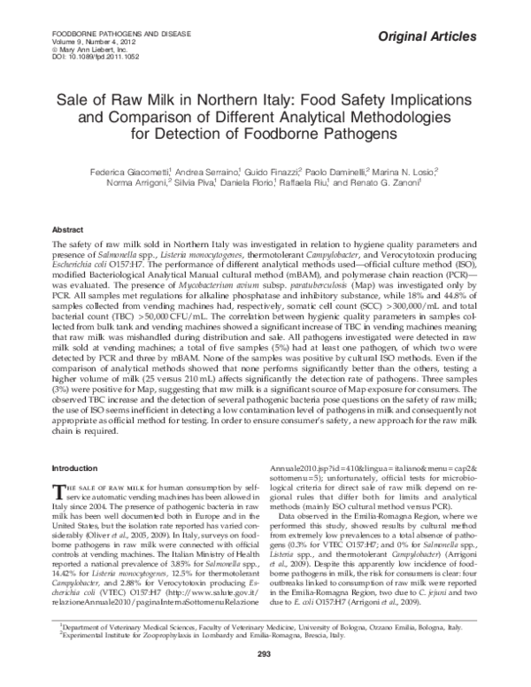 (PDF) Raw Milk Safety in Northern Italy: Pathogen Detection Methods