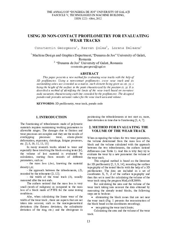 (PDF) Using 3D Non-Contact Profilometry for Evaluating the Wear Tracks