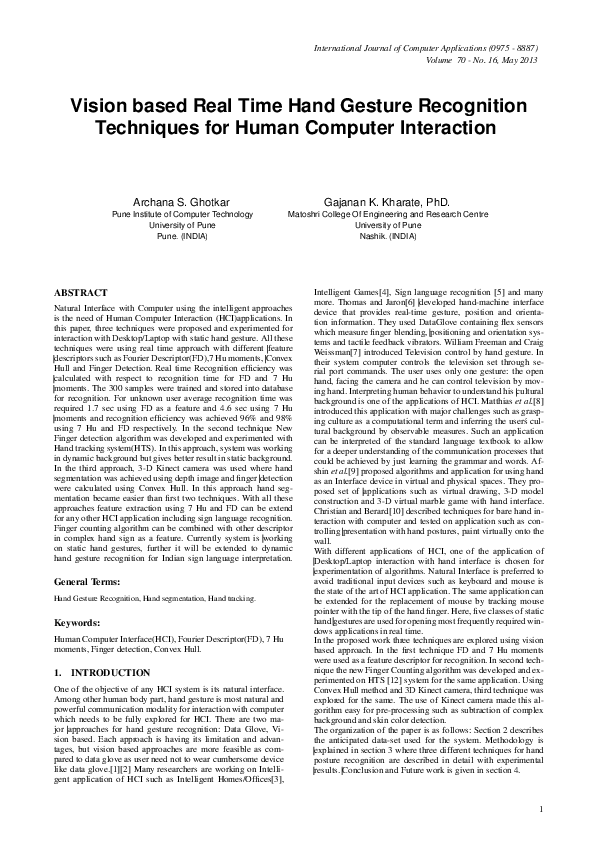 (PDF) Vision based Real Time Hand Gesture Recognition Techniques for ...