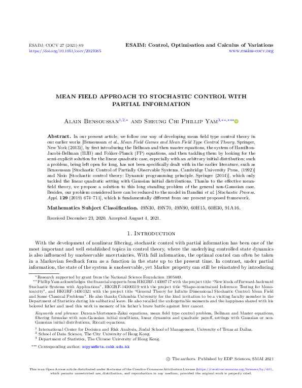Pdf Mean Field Approach To Stochastic Control With Partial Information