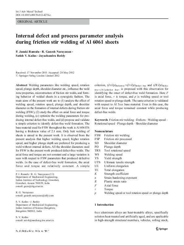 (PDF) Defect Analysis in Friction Stir Welding of Al 6061