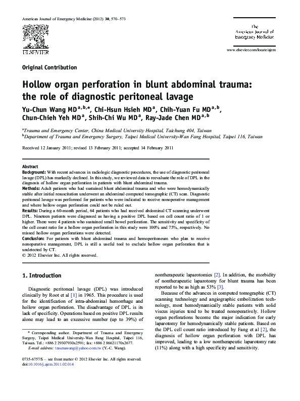 (PDF) Hollow organ perforation in blunt abdominal trauma: the role of diagnostic peritoneal lavage