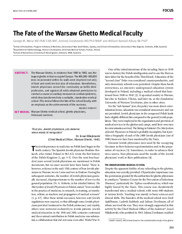 (PDF) The fate of the Warsaw Ghetto Medical Faculty