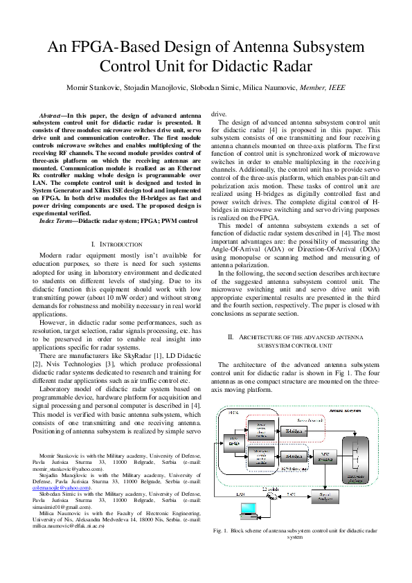 (PDF) An FPGA-Based Design of Antenna Subsystem Control Unit for Didactic Radar