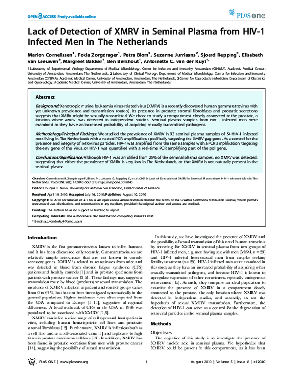(PDF) Lack of Detection of XMRV in Seminal Plasma from HIV1 Infected ... (PDF) Lack of Detection of XMRV in Seminal Plasma from HIV1 Infected ...