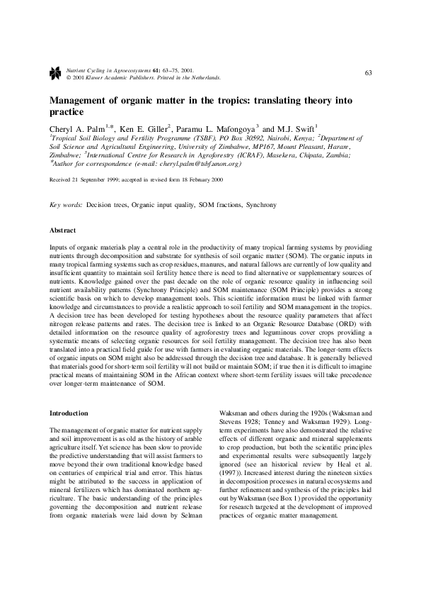 (PDF) Management of organic matter in the tropics: translating theory into practice