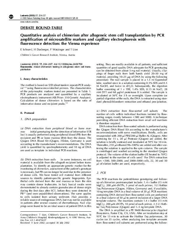 Quantitative analysis of chimerism after allogeneic stem cell ...