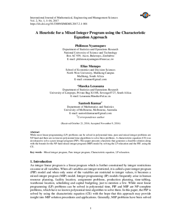 (PDF) A Heuristic for a Mixed Integer Program using the Characteristic Equation Approach