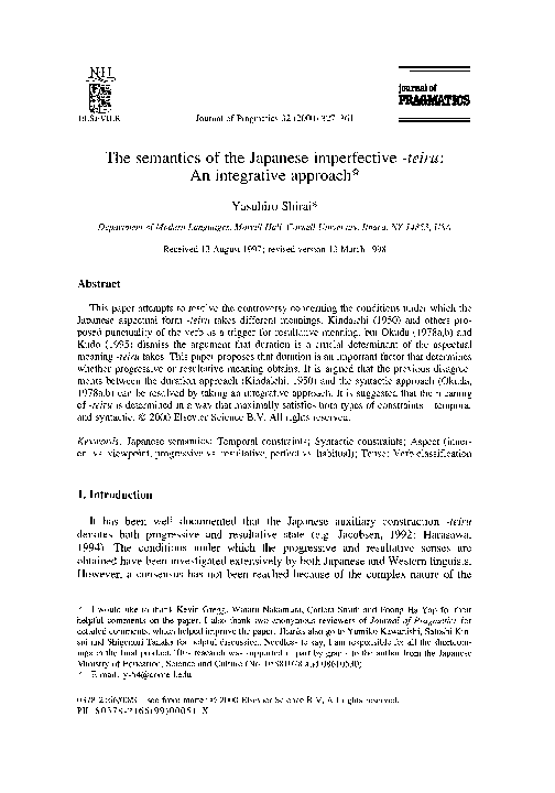 (PDF) The semantics of the Japanese imperfective -teiru: An integrative ...