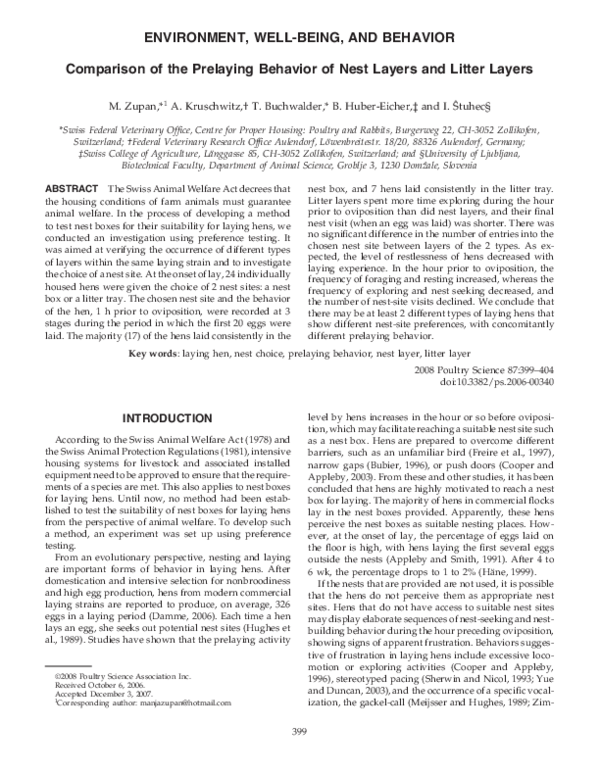 (PDF) Comparison of the Prelaying Behavior of Nest Layers and Litter Layers