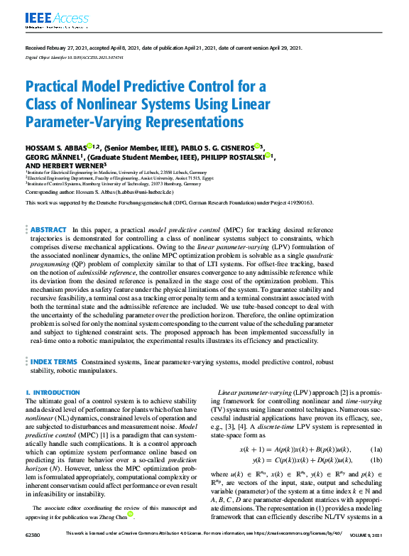 (PDF) Practical Model Predictive Control for a Class of Nonlinear Systems Using Linear Parameter ...