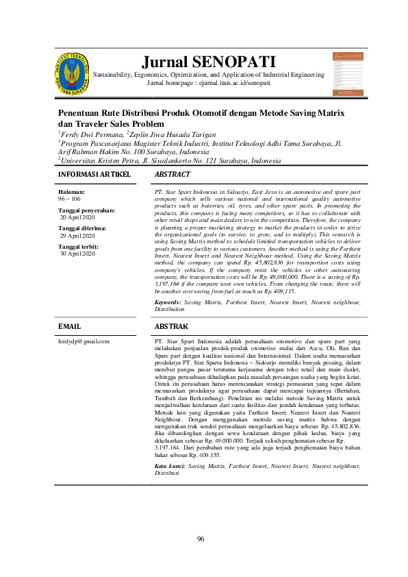 Pdf Penentuan Rute Distribusi Produk Otomotif Dengan Metode Saving Matrix Dan Traveler Sales