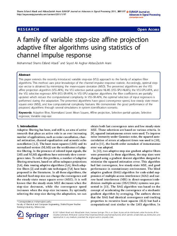 (PDF) A family of variable step-size affine projection adaptive filter algorithms using ...