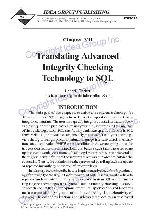 Pdf Translating Advanced Integrity Checking Technology To Sql