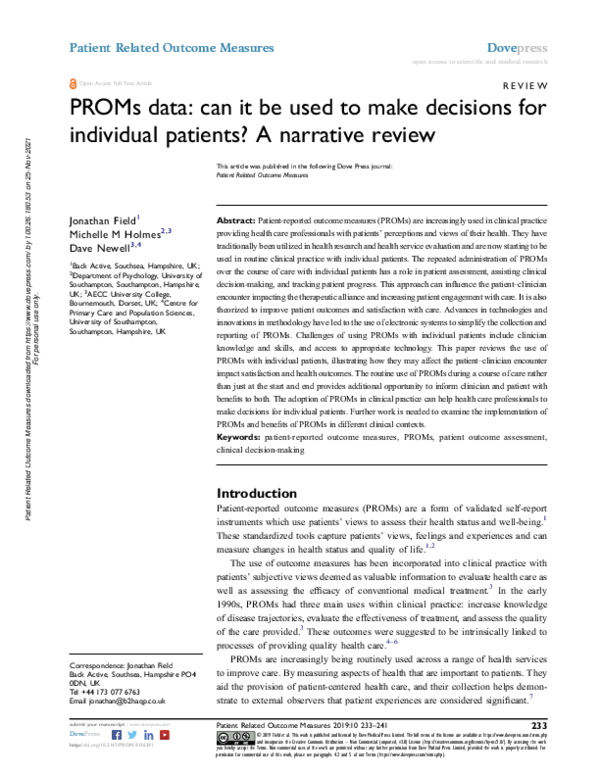 (PDF) PROMs data: can it be used to make decisions for individual ...