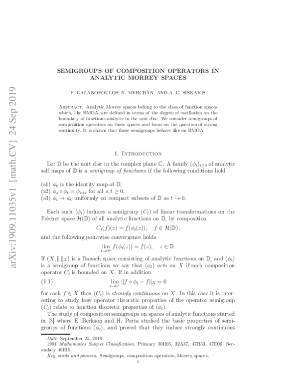 (PDF) Semigroups of Composition Operators in Analytic Morrey Spaces | Aristomenis Siskakis ...
