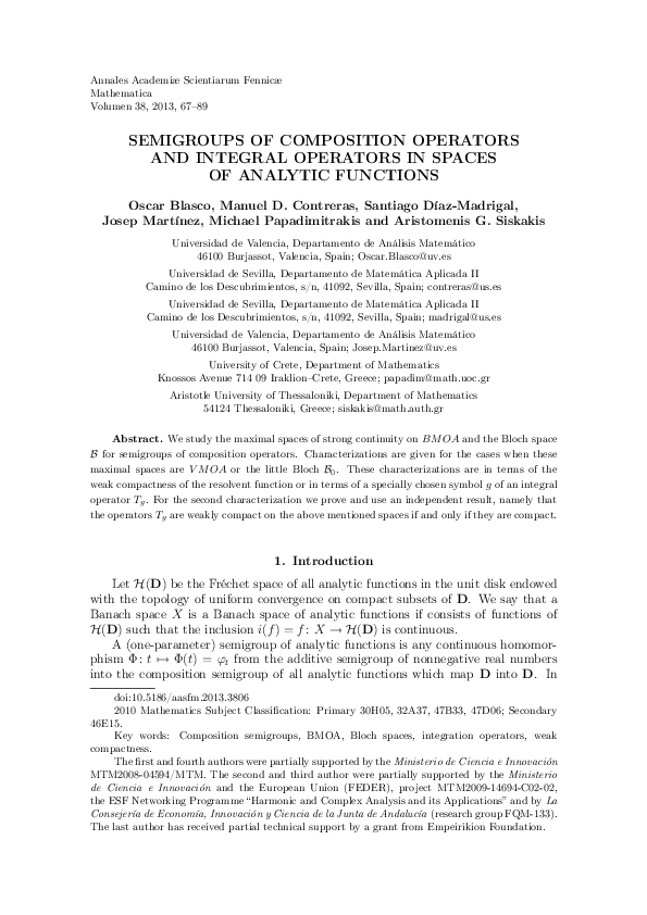 (PDF) Semigroups of composition operators and integral operators in spaces of analytic functions
