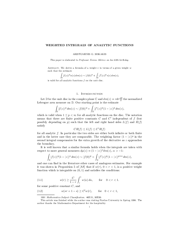(PDF) Weighted Integrals of Analytic Functions