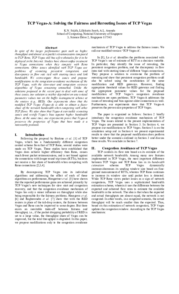 (PDF) TCP Vegas-A: solving the fairness and rerouting issues of TCP Vegas
