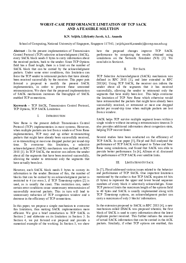 (PDF) Worst-case performance limitation of TCP SACK and a feasible solution | Lillykutty Jacob ...