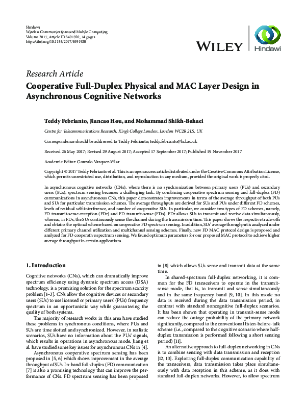 Pdf Cooperative Full Duplex Physical And Mac Layer Design In Asynchronous Cognitive Networks