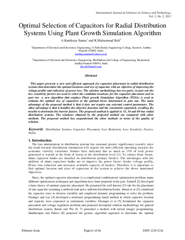 Pdf Optimal Selection Of Capacitors For Radial Distribution Systems Using Plant Growth