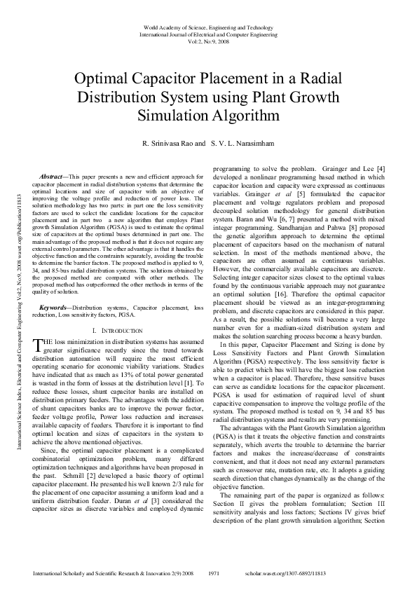 (PDF) Optimal capacitor placement in radial distribution systems using Artificial Bee Colony(ABC ...