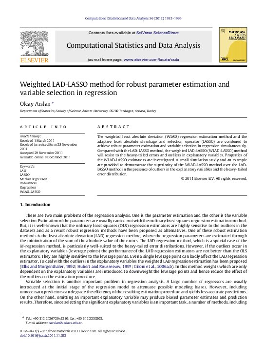 Pdf Weighted Lad Lasso Method For Robust Parameter Estimation And