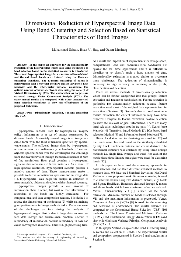 Pdf Dimensional Reduction Of Hyperspectral Image Datausing Band Clustering And Selection Based