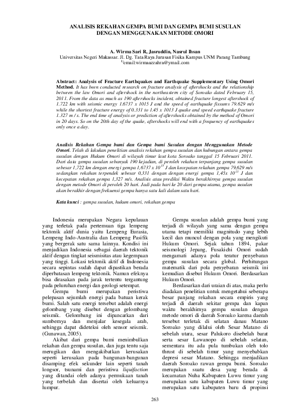 (PDF) Analisis Rekahan Gempa Bumi Dan Gempa Bumi Susulan Dengan Menggunakan Metode Omori