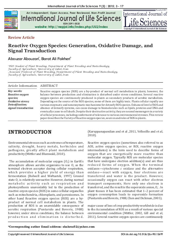 (PDF) Reactive oxygen species: Generation, Oxidative Damage, and Signal Transduction