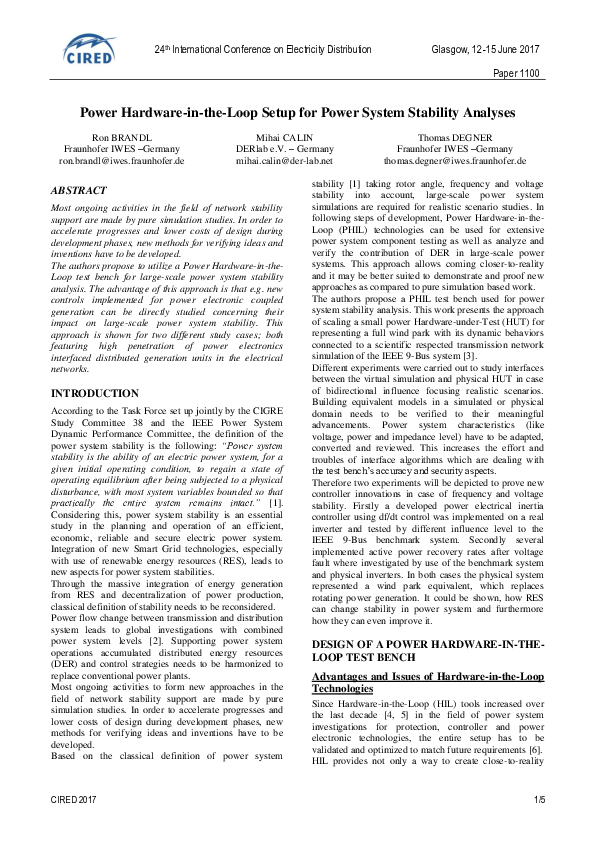 (PDF) Power hardware-in-the-loop setup for power system stability analyses